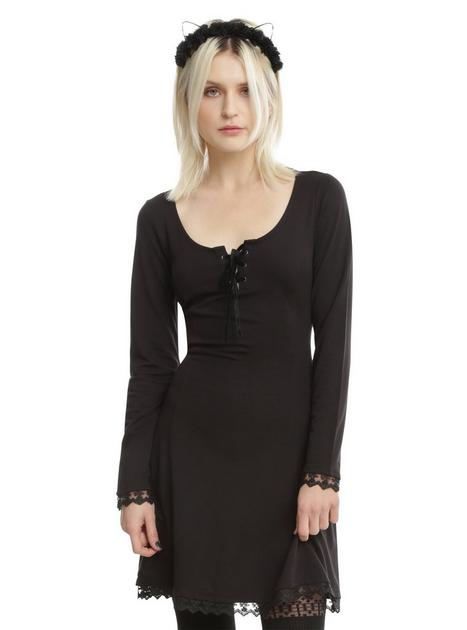 Black Lace-Up Back Long-Sleeve Dress | Hot Topic