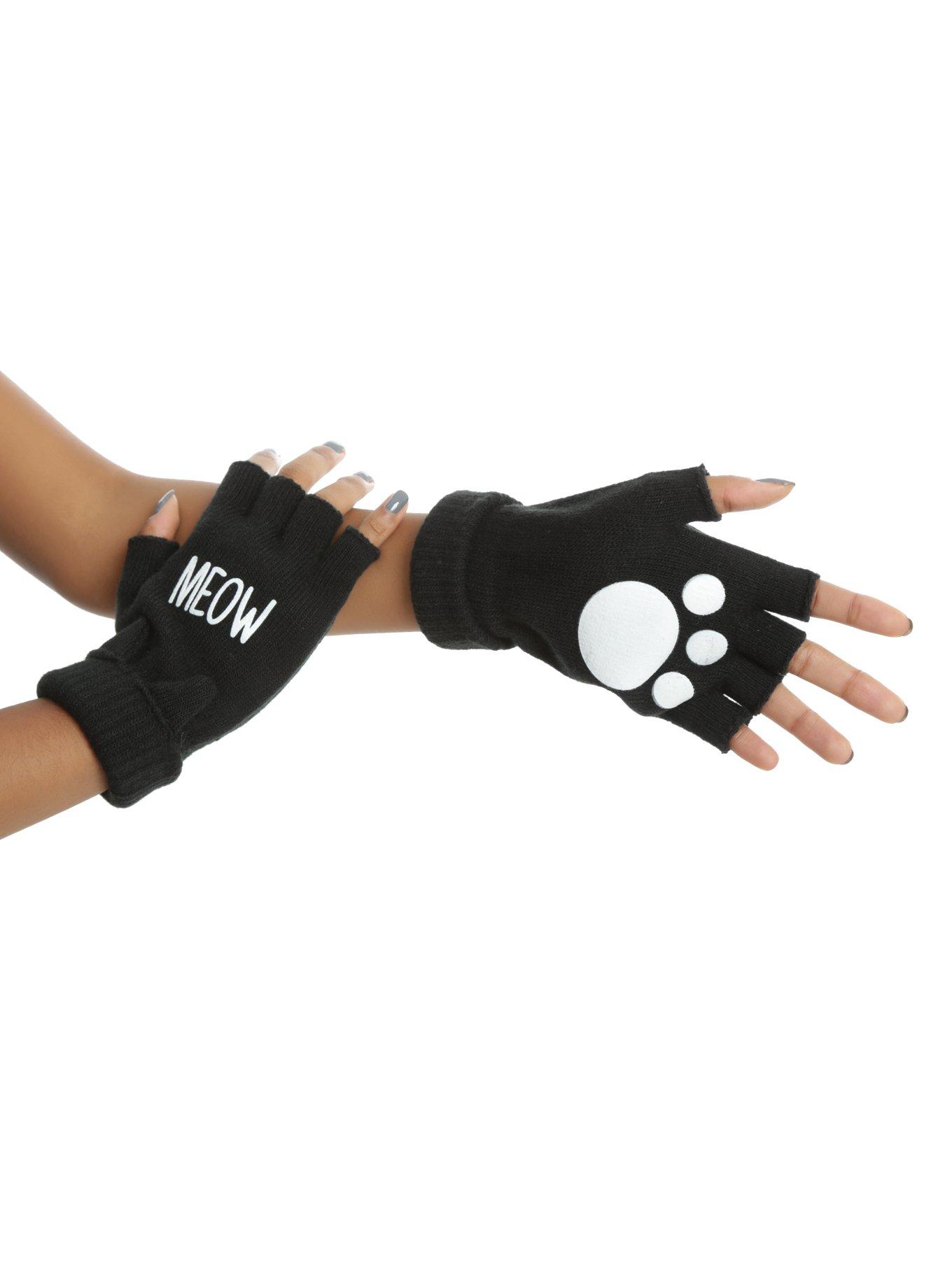 Meow Paw Print Black Fingerless Gloves | Hot Topic