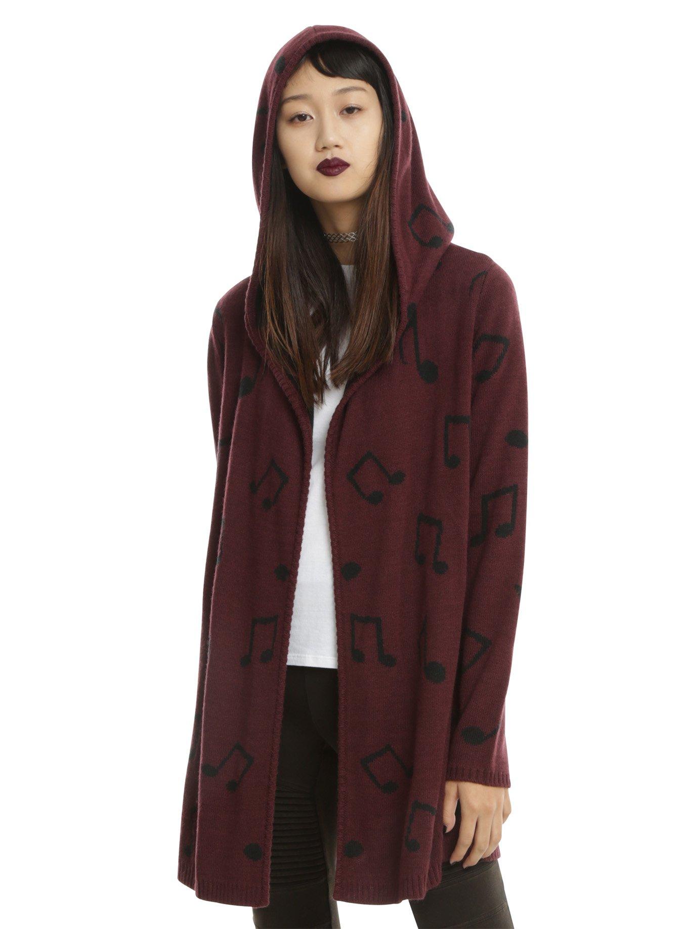 Burgundy & Black Music Note Girls Hooded Flyaway Cardigan | Hot Topic
