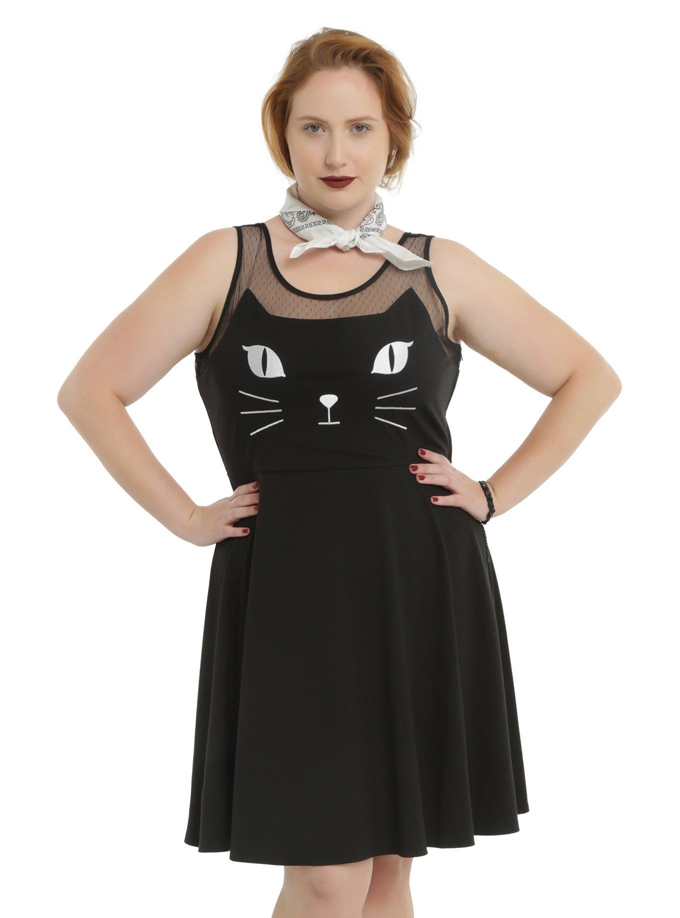 Black Kitty Cat Sleeveless Skater Dress Plus Size | Hot Topic