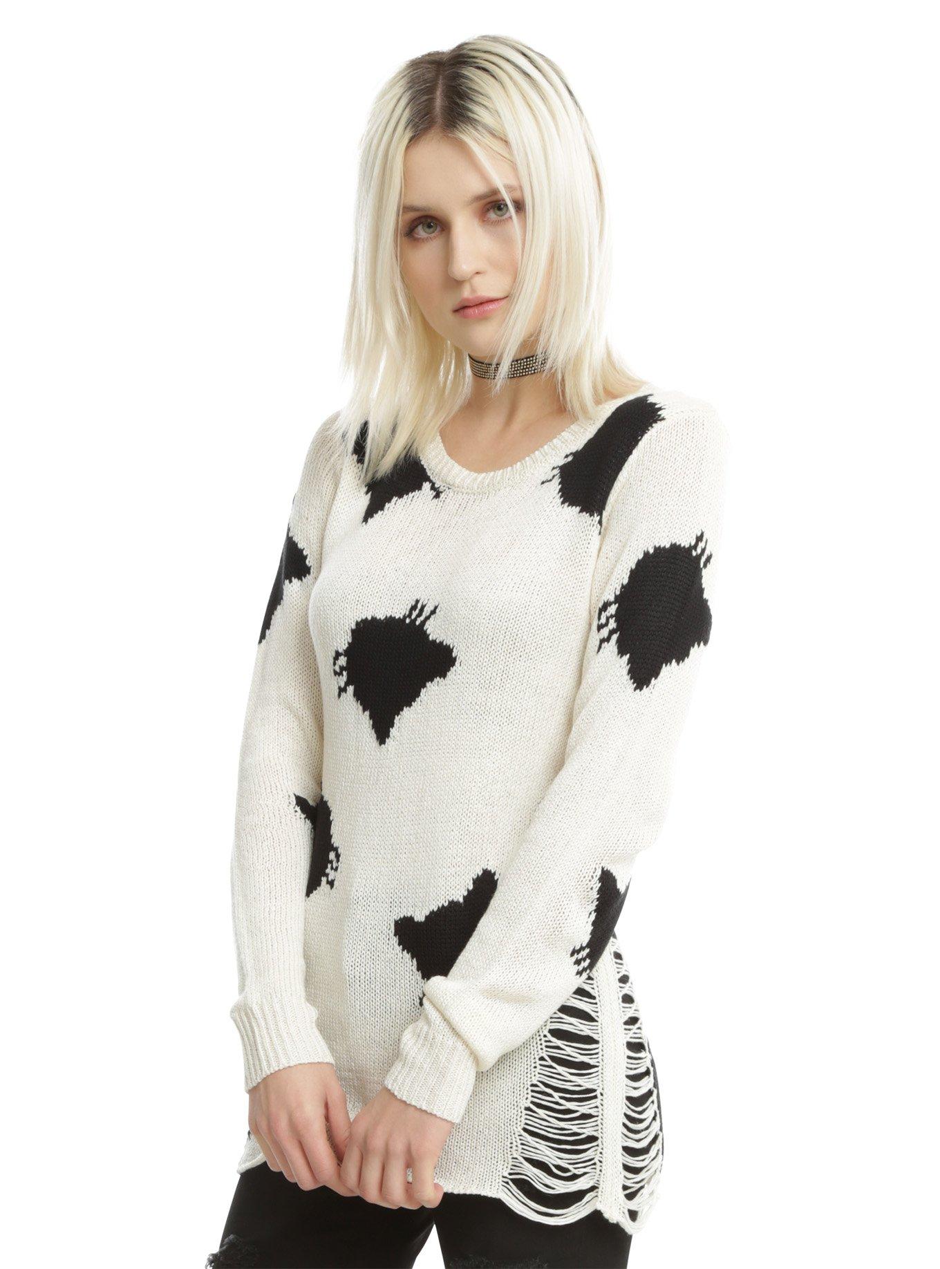Ivory & Black Cat Girls Destructed Sweater | Hot Topic