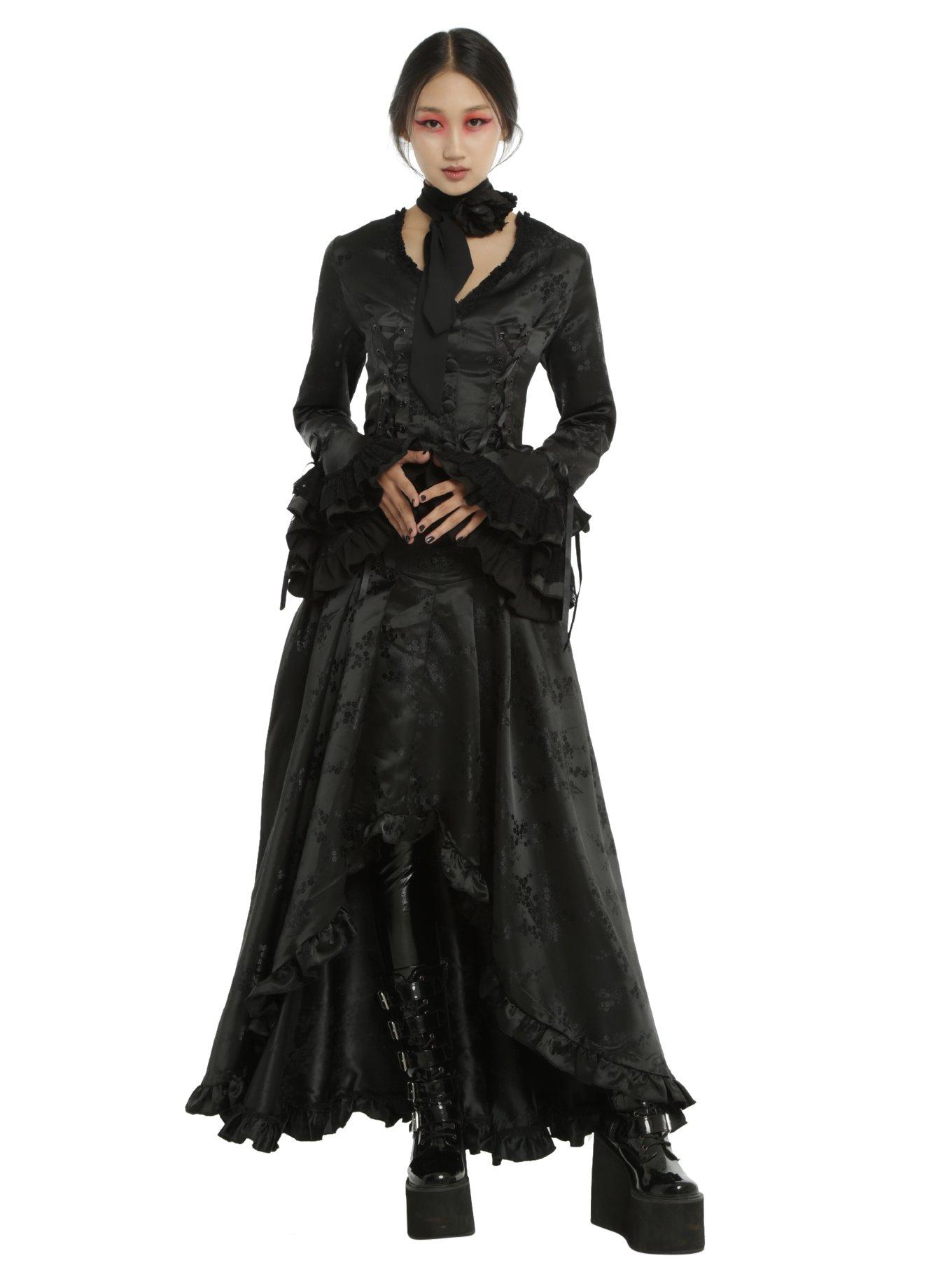 Black Brocade Hi-Low Hem Ruffle Trim Split Tail Jacket | Hot Topic