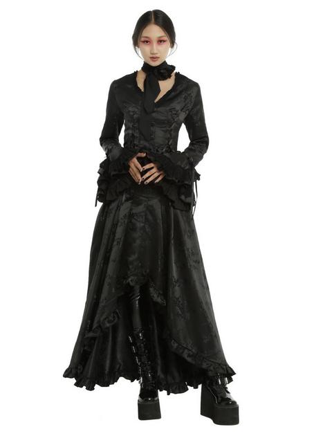 Black Brocade Hi-Low Hem Ruffle Trim Split Tail Jacket | Hot Topic