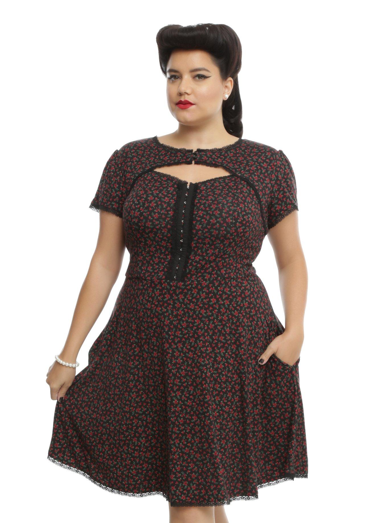 Black & Red Miniature Roses Rockabilly Dress Plus Size | Hot Topic