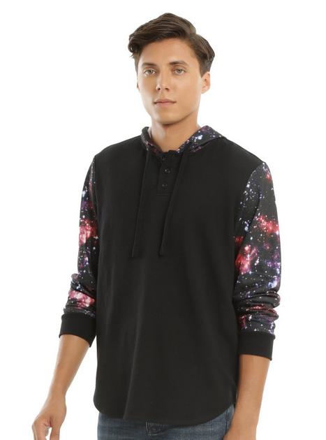 Galaxy Print Sleeves Henley Hoodie | Hot Topic
