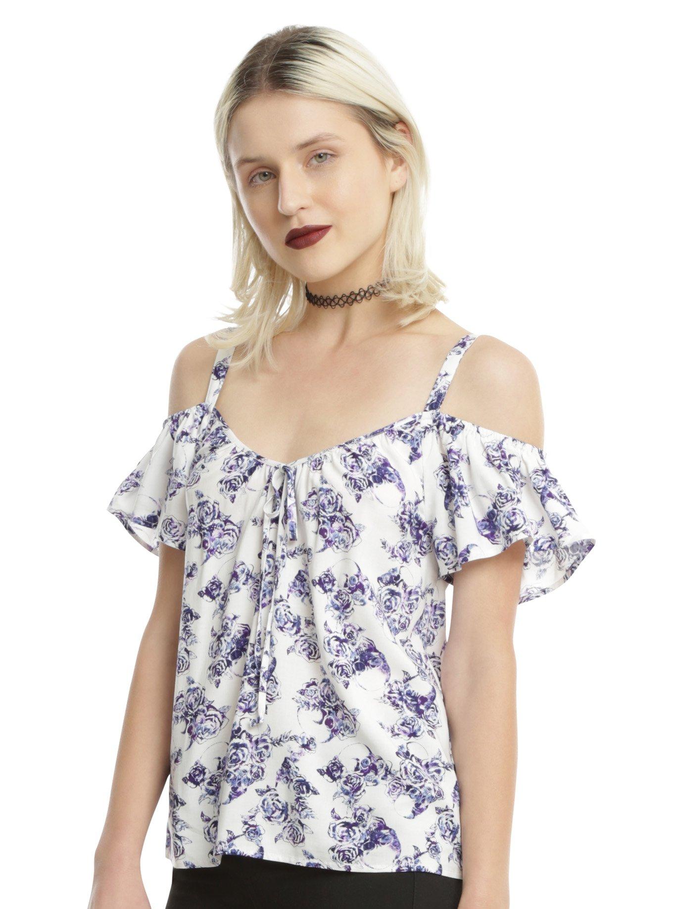 Floral Flutter Sleeve Girls Cold Shoulder Top | Hot Topic