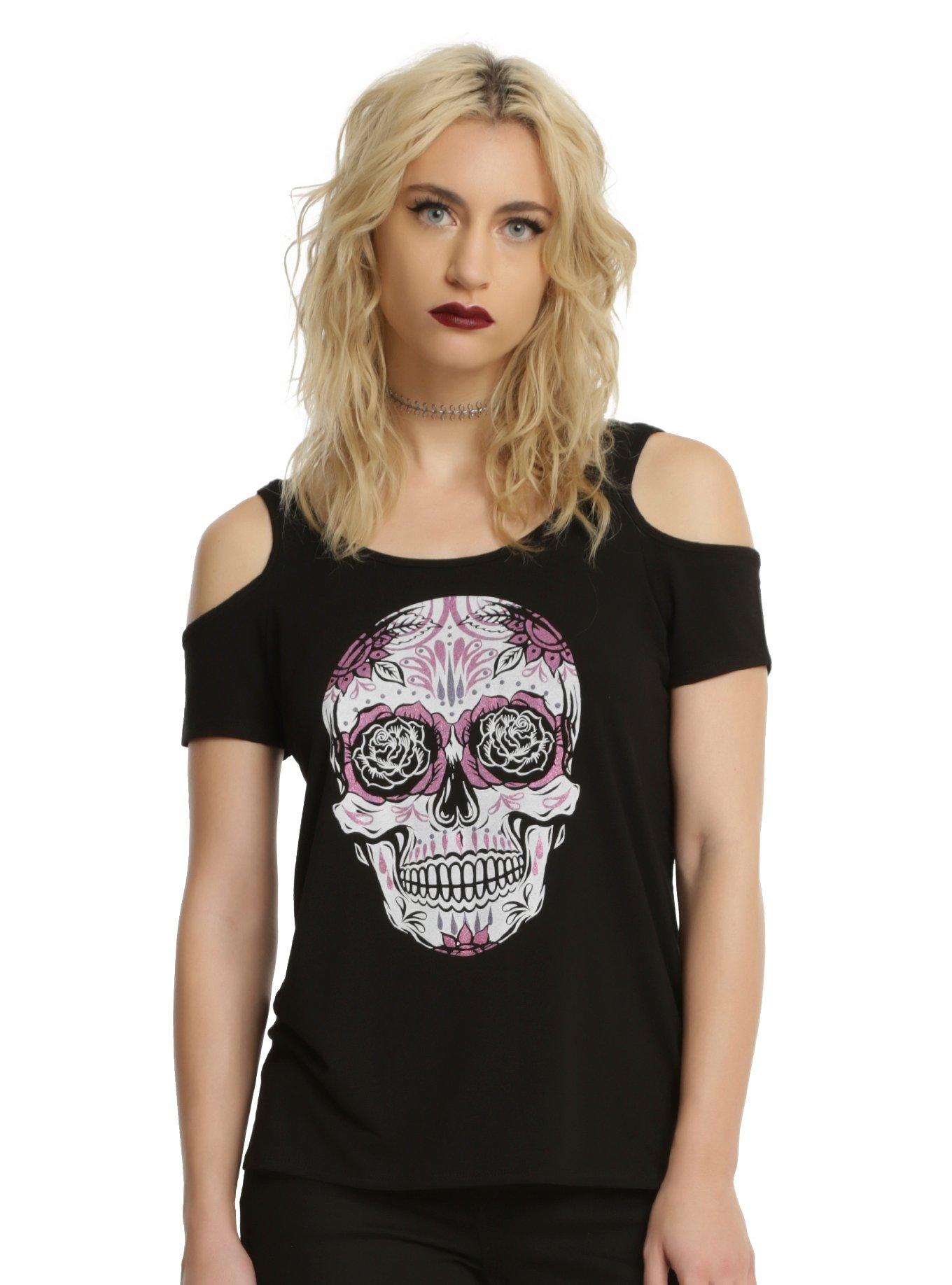Pink & White Glitter Sugar Skull Strappy Girls Cold Shoulder Top | Hot ...