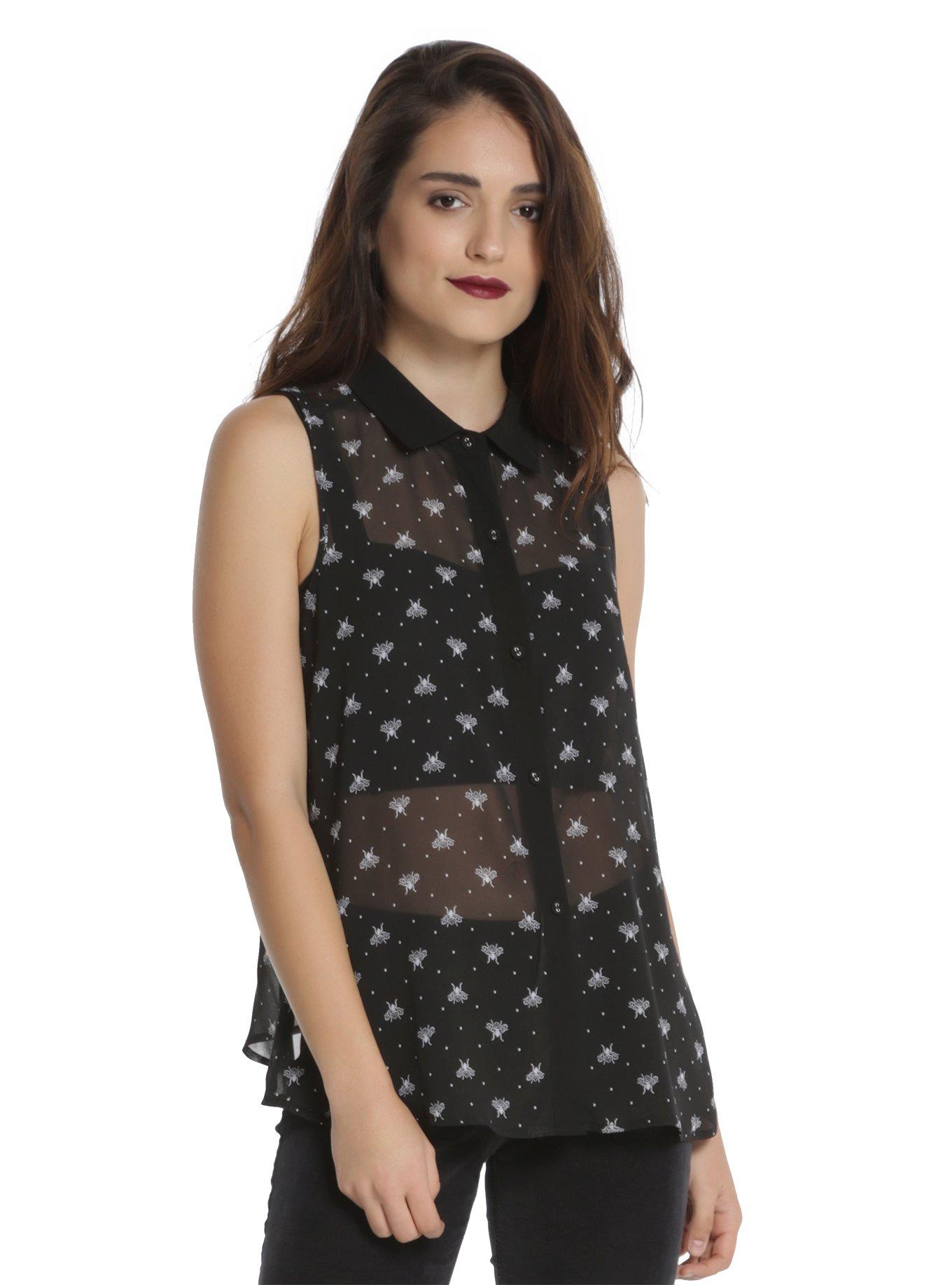 Black Bug Print Chiffon Sleeveless Girls Woven Button Up Hot Topic