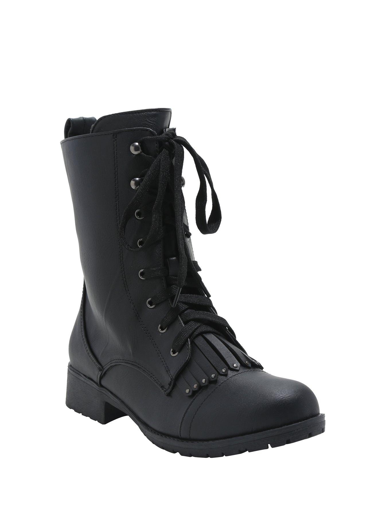 Black Peek-A-Boo Fringe Lace-Up Combat Boots | Hot Topic