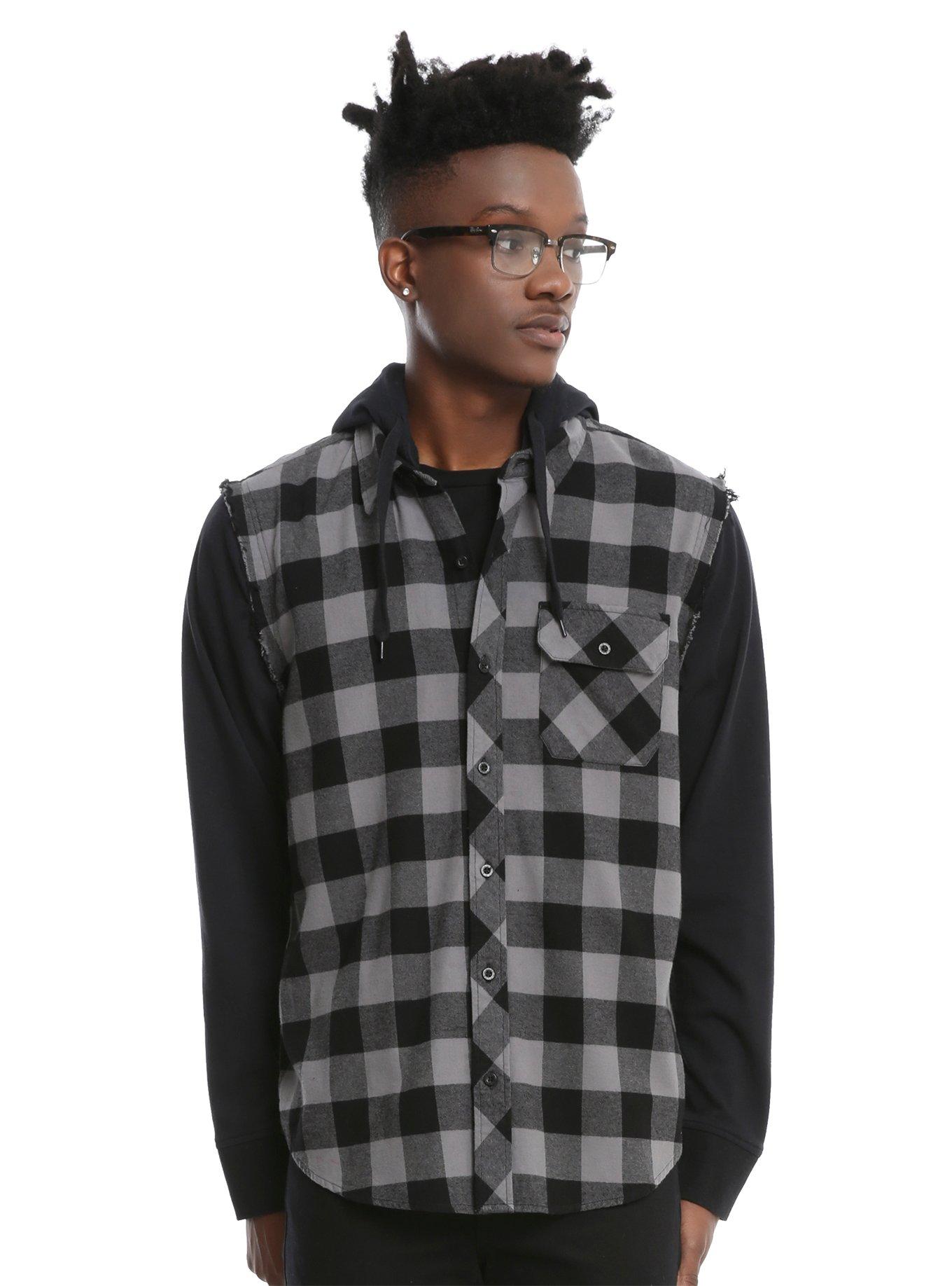 XXX RUDE Black & Grey Buffalo Plaid & Fleece Sleeves Hooded Woven ...