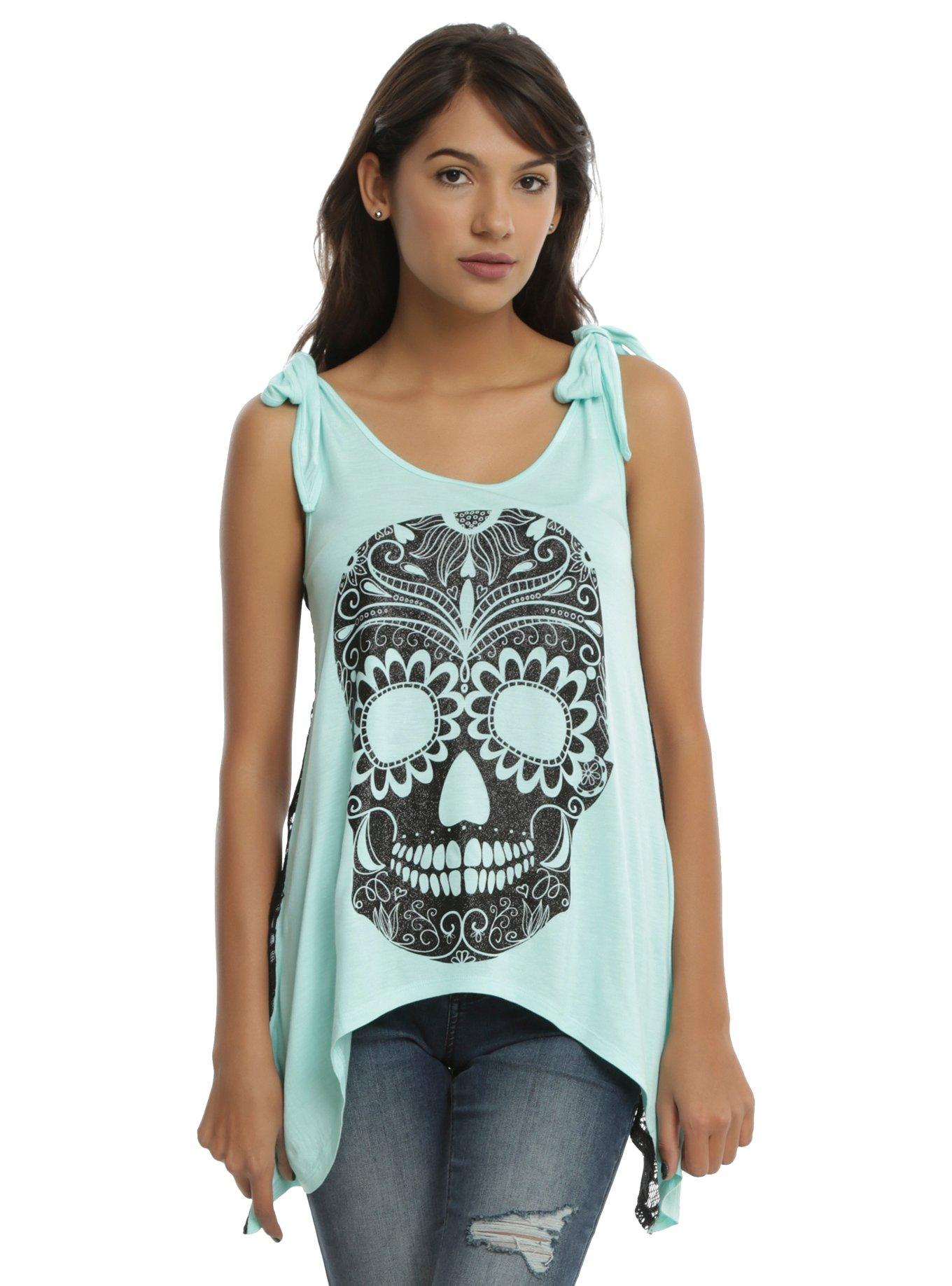 Black Glitter Sugar Skull Mint Sharkbite Girls Tank Top | Hot Topic