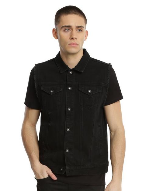 XXX RUDE Black & Red Buffalo Plaid Hooded Black Destructed Denim Vest ...