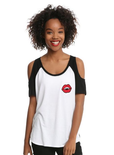 Black & White Fangs Cold Shoulder Girls Short-Sleeved Raglan | Hot Topic