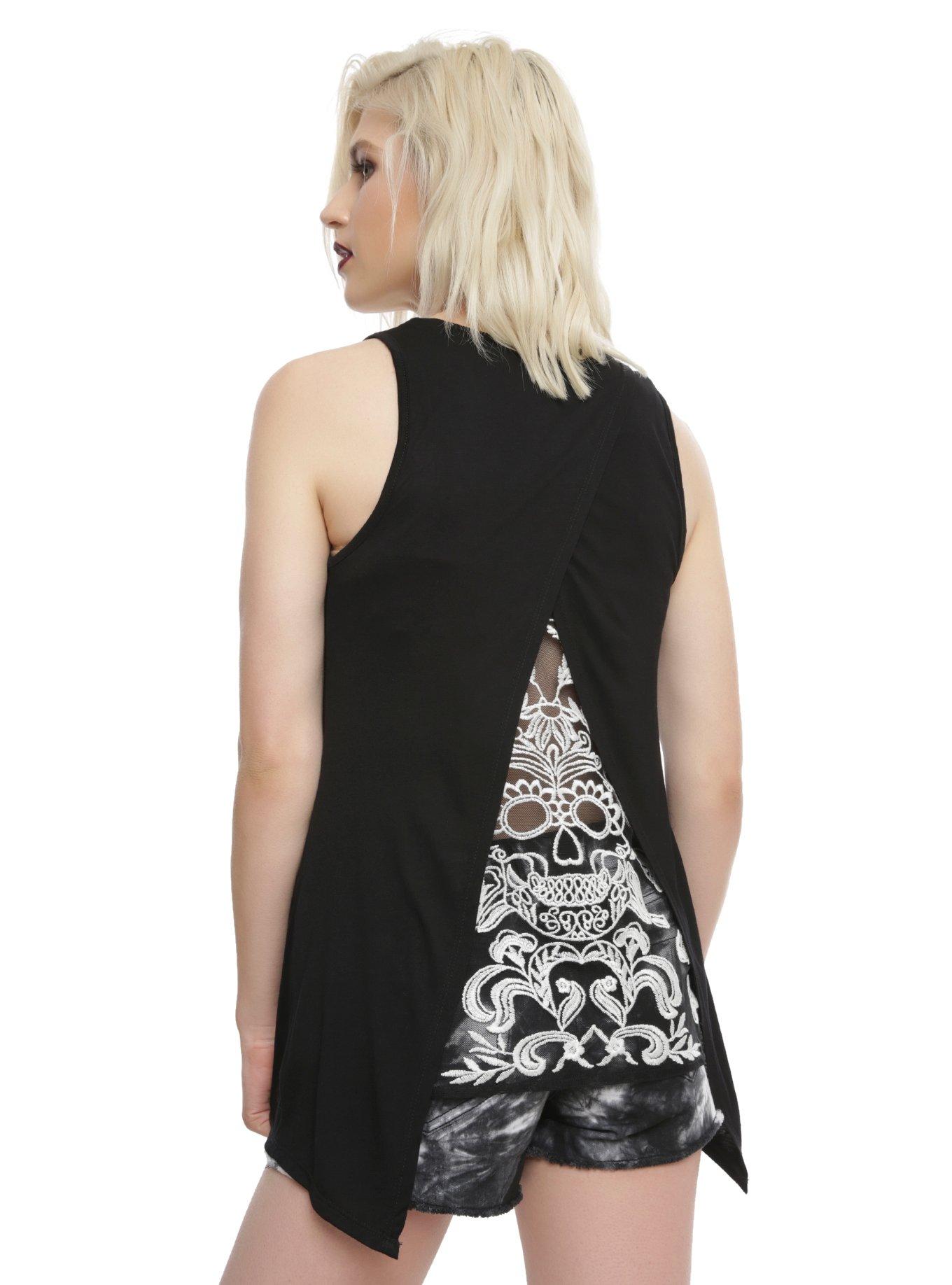Black & White Skull Crochet Split Back Girls Tank Top | Hot Topic