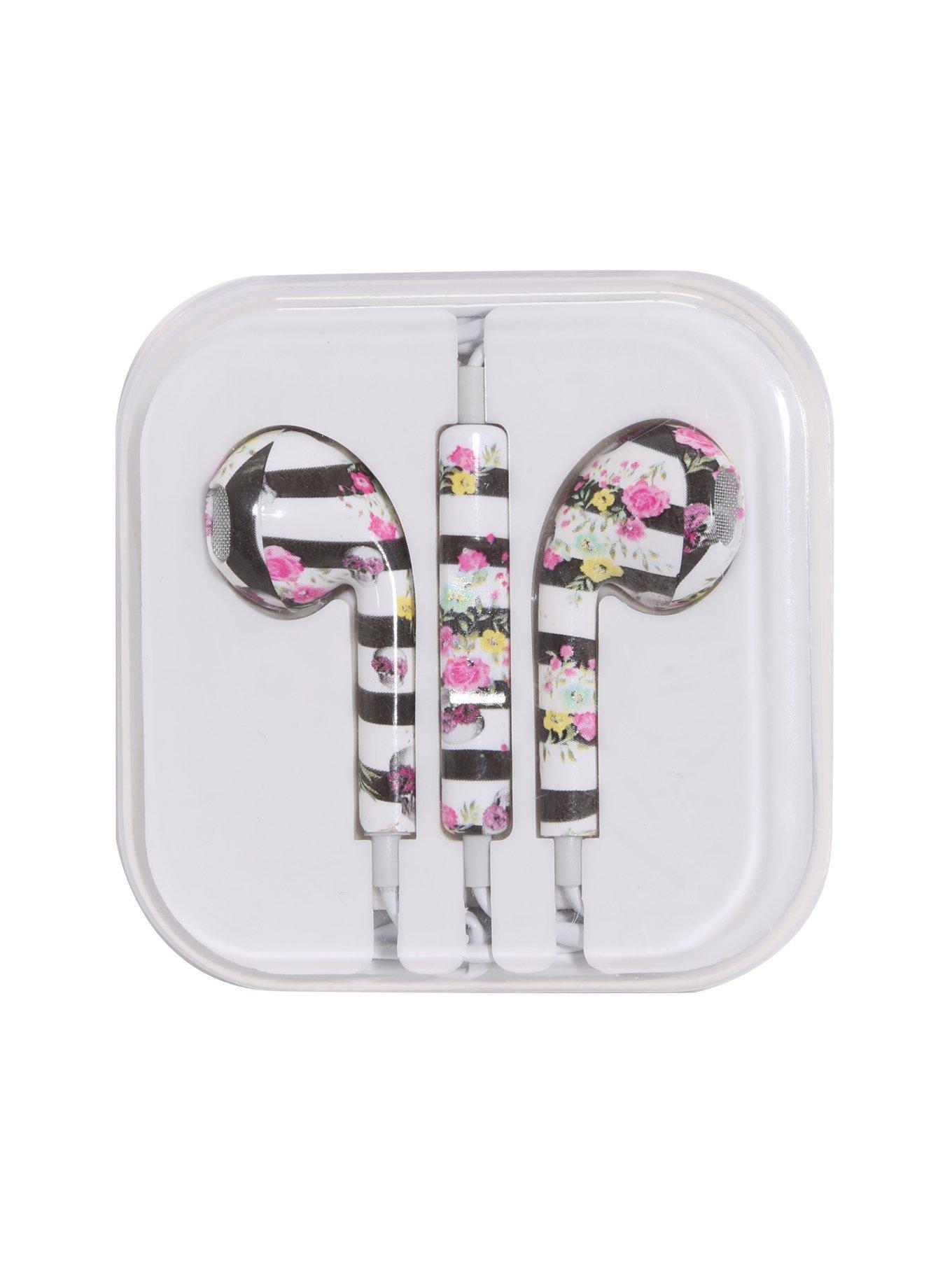 Micase Stripe Floral Skull Print Earbuds | Hot Topic