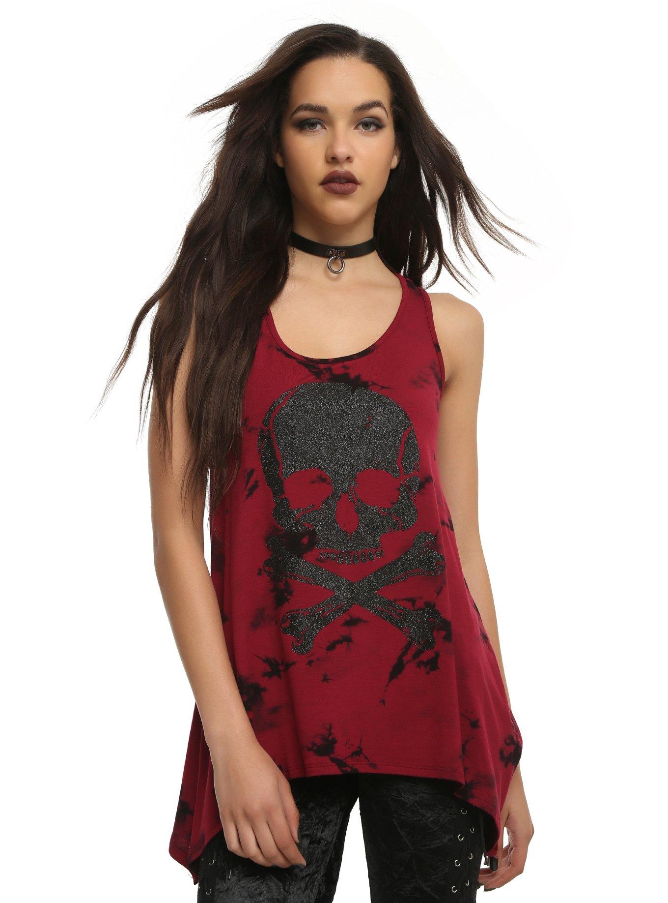 Red & Black Glitter Skull And Crossbones Tie Dye Girls Sharkbite Tank ...