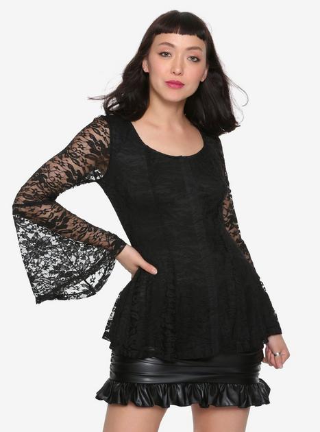 Black Lace Bell Sleeve Girls Peplum Top | Hot Topic