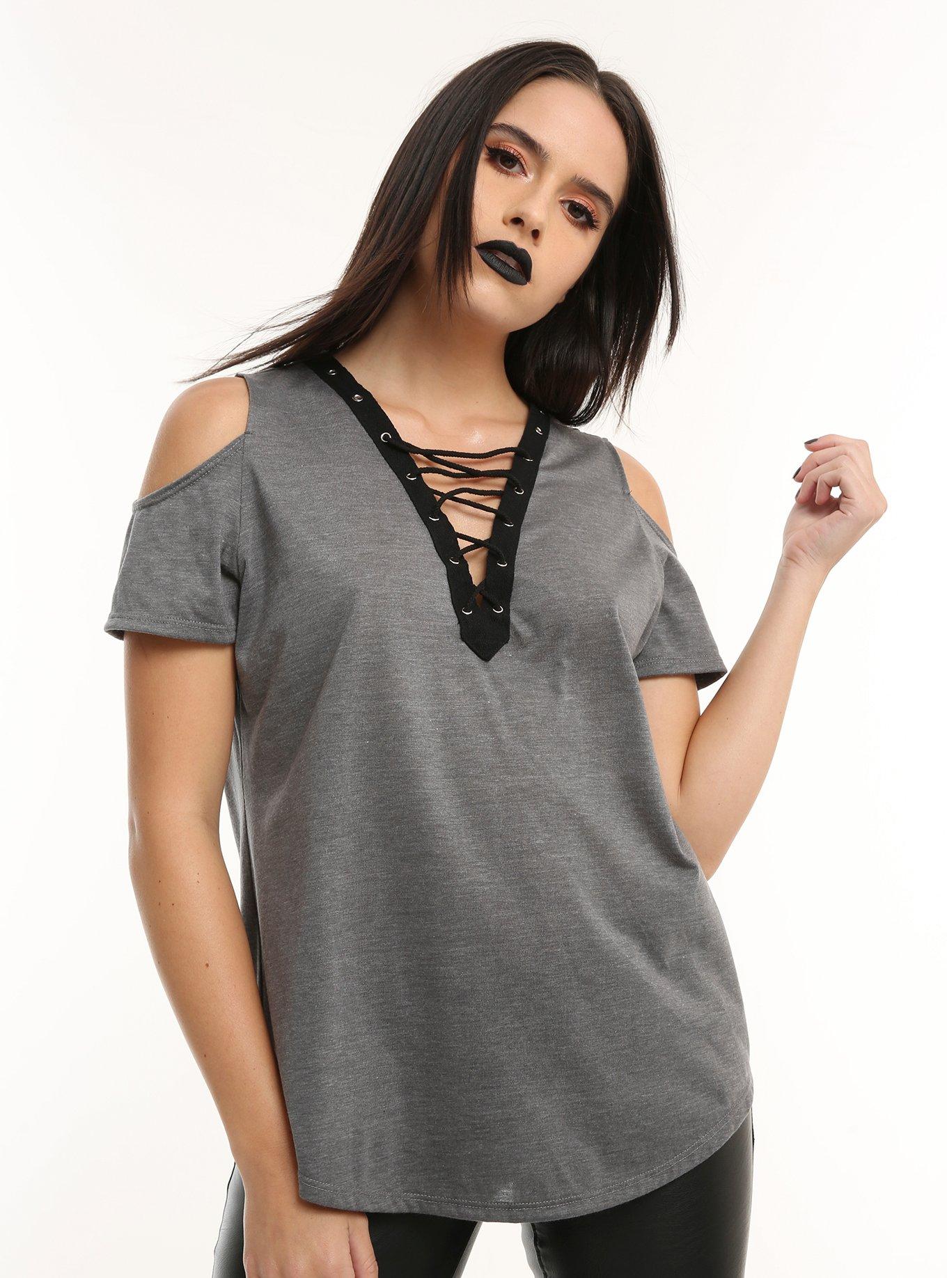 Grey Lace-Up Girls Cold Shoulder Top | Hot Topic