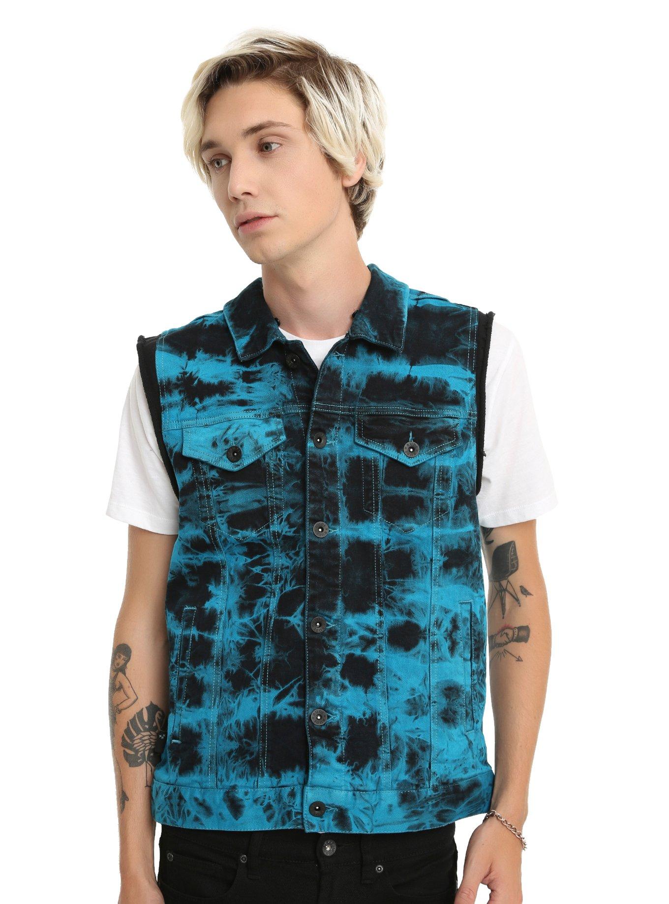 XXX RUDE Turquoise & Black Tie Dye Denim Black Fleece Hooded Vest | Hot ...