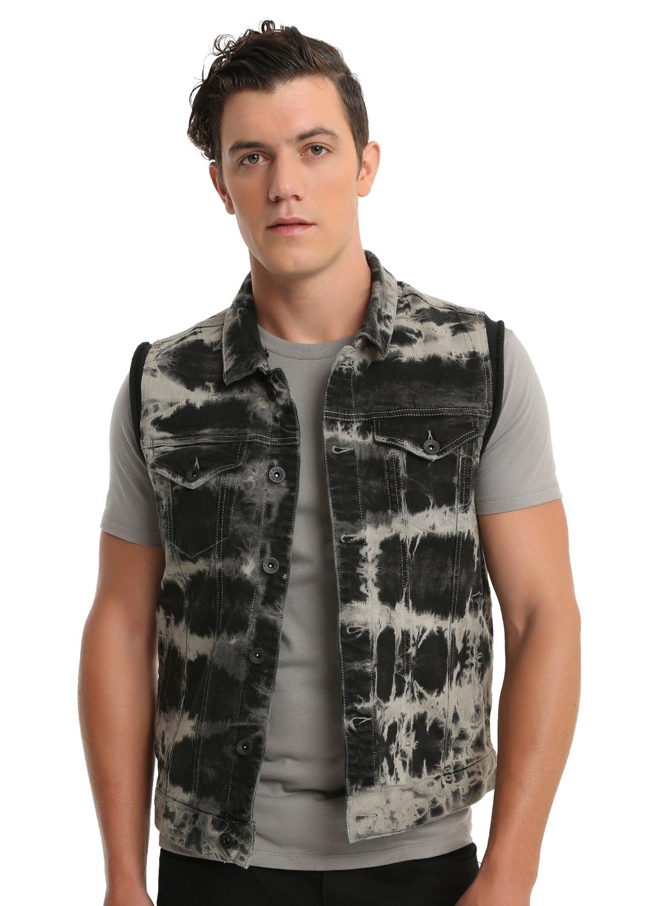 XXX RUDE Black & Grey Tie Dye Denim Black Fleece Hooded Vest | Hot Topic