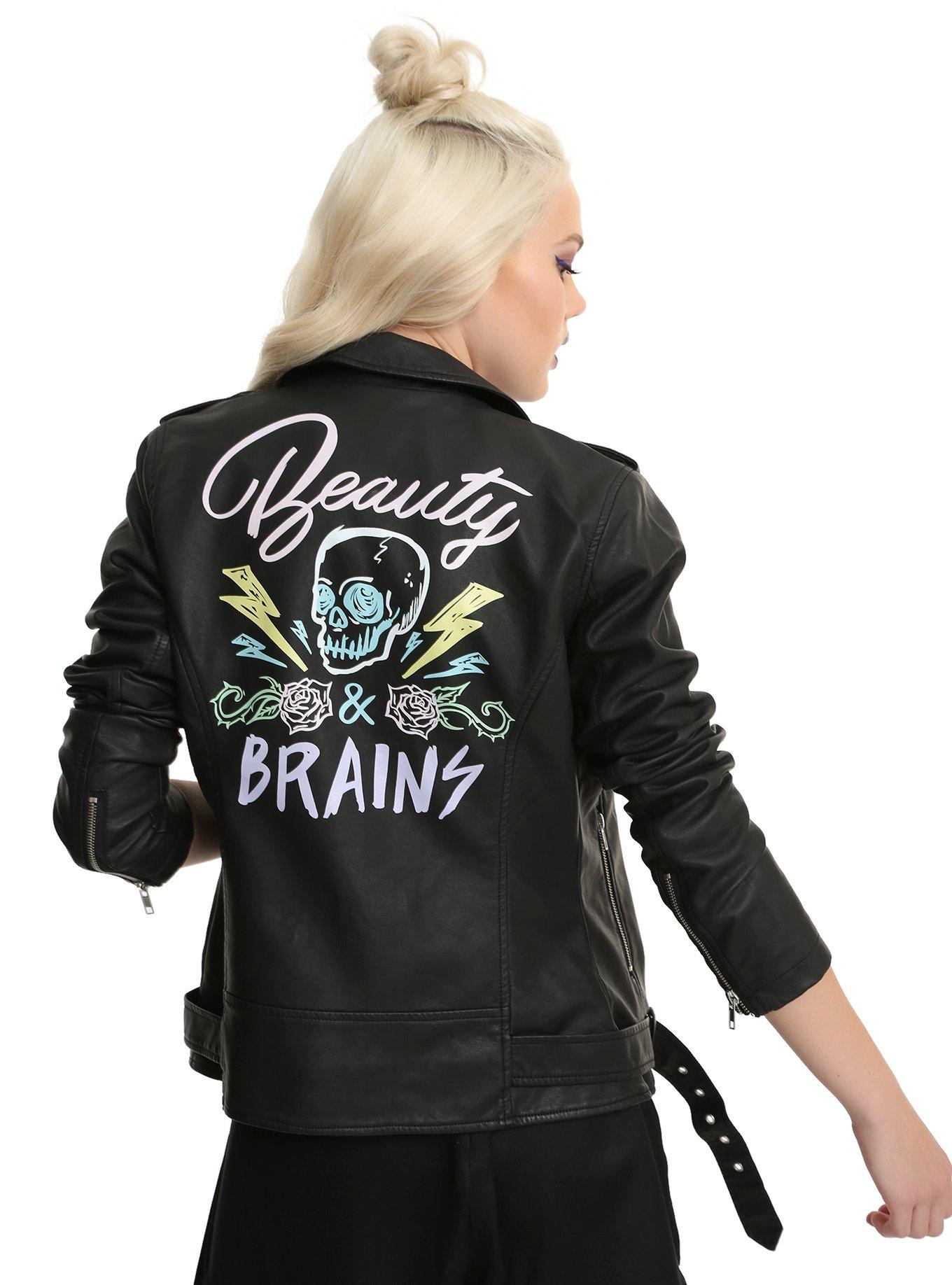 Beauty & Brains Painted Back Faux Leather Girls Moto Jacket | Hot Topic