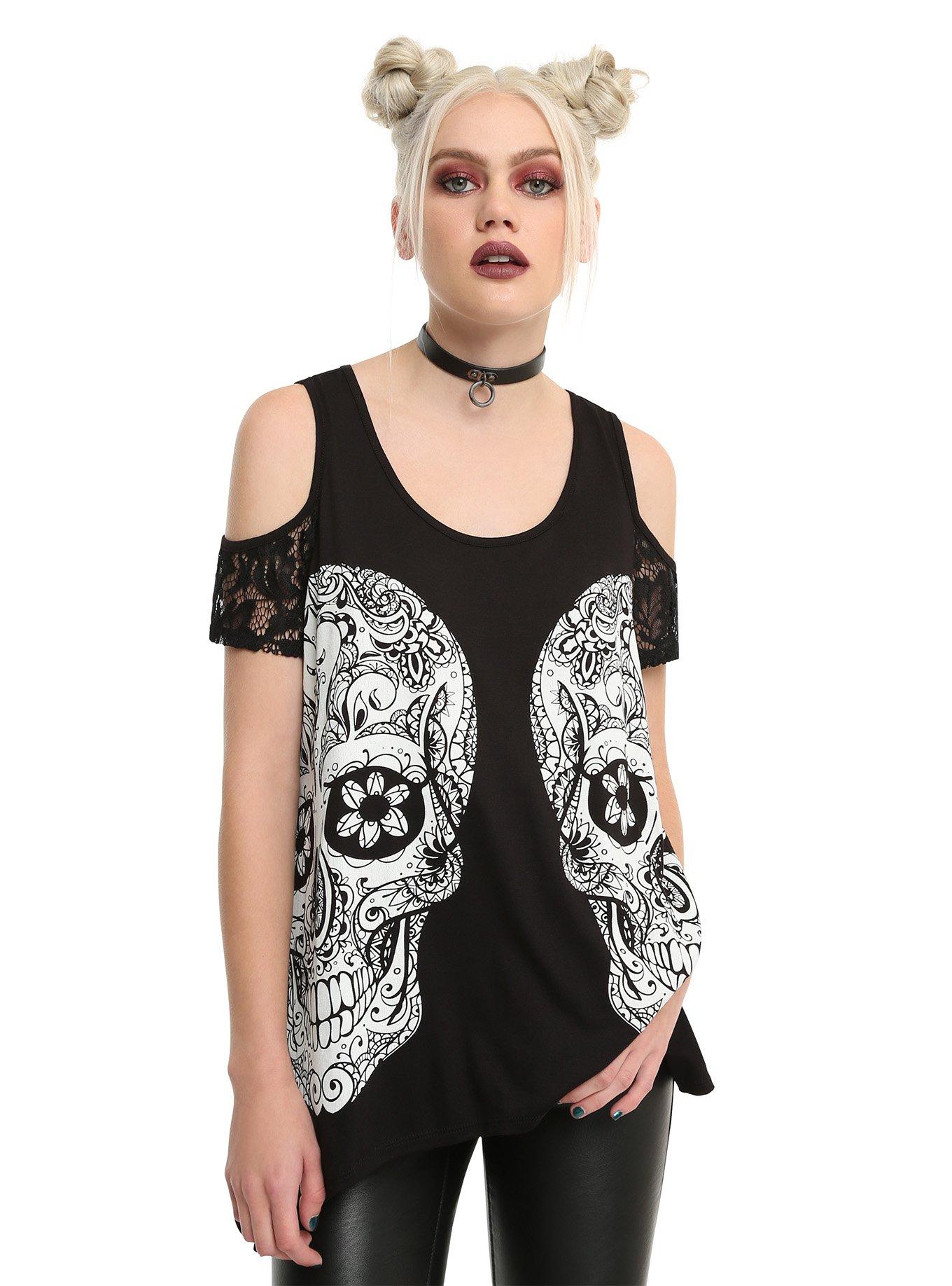 Black & White Sugar Skull Lace Girls Cold Shoulder Top | Hot Topic