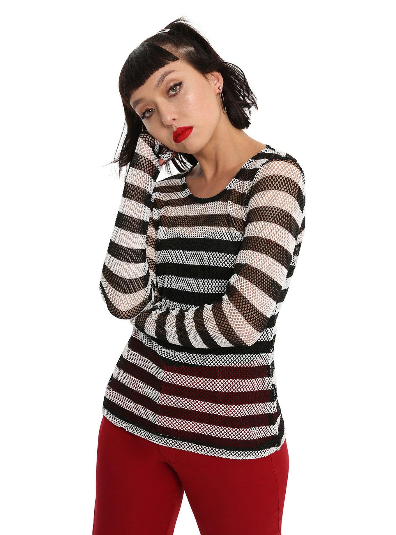 Tripp Black & White Stripe Fishnet Girls Top | Hot Topic