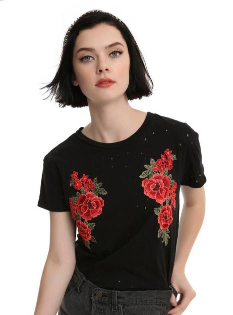 Black Embroidered Rose Girls Top | Hot Topic
