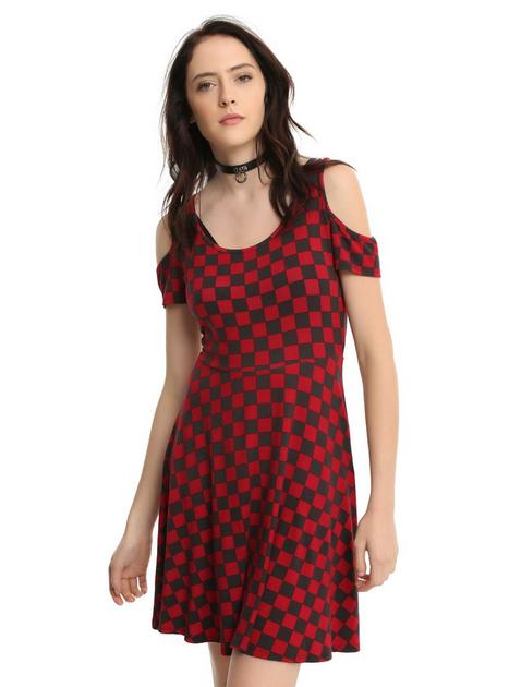 Red & Black Checkered Cold Shoulder Dress | Hot Topic