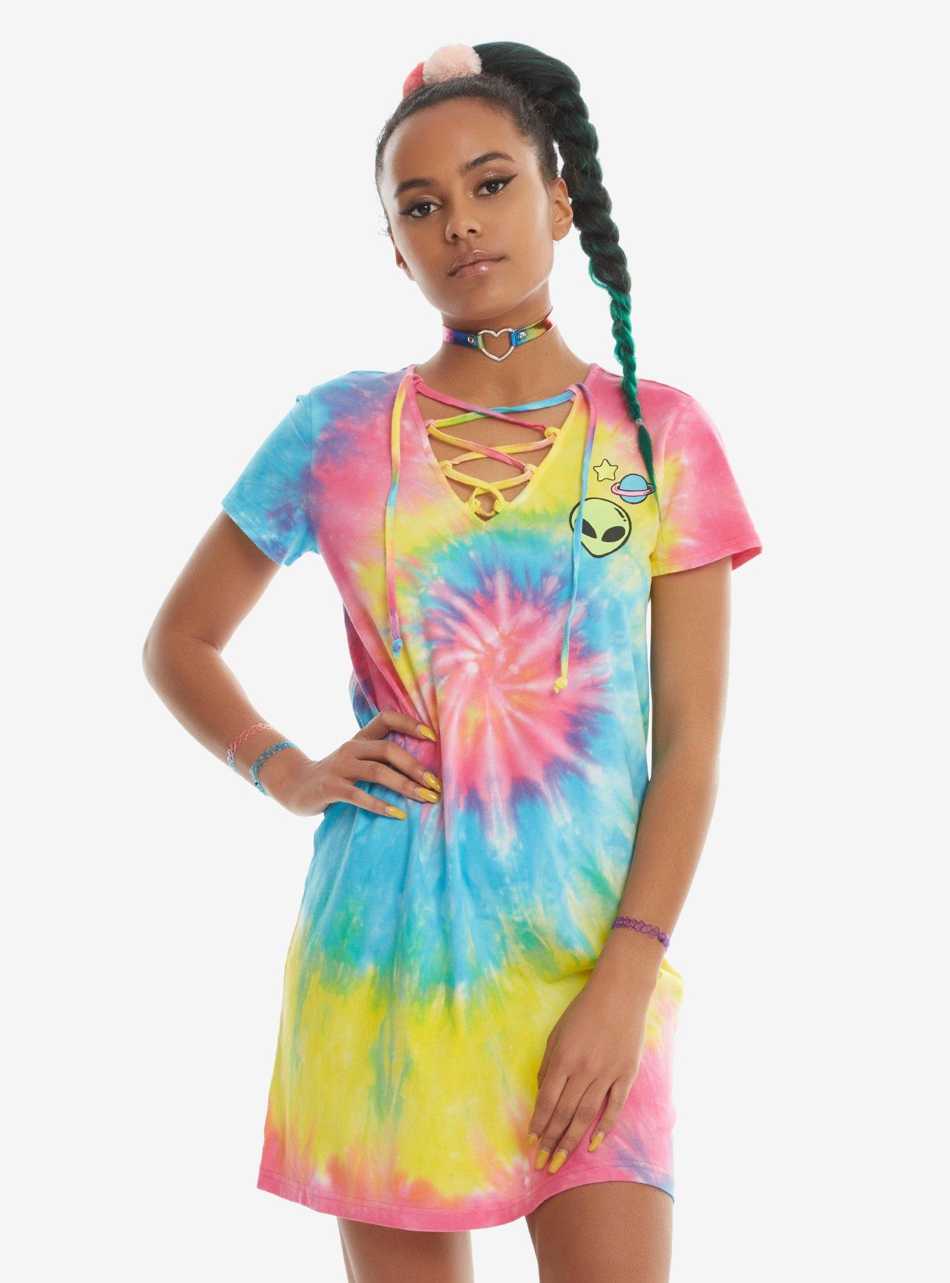 Rainbow Tie Dye Alien Lace-Up Neckline T-Shirt Dress | Hot Topic