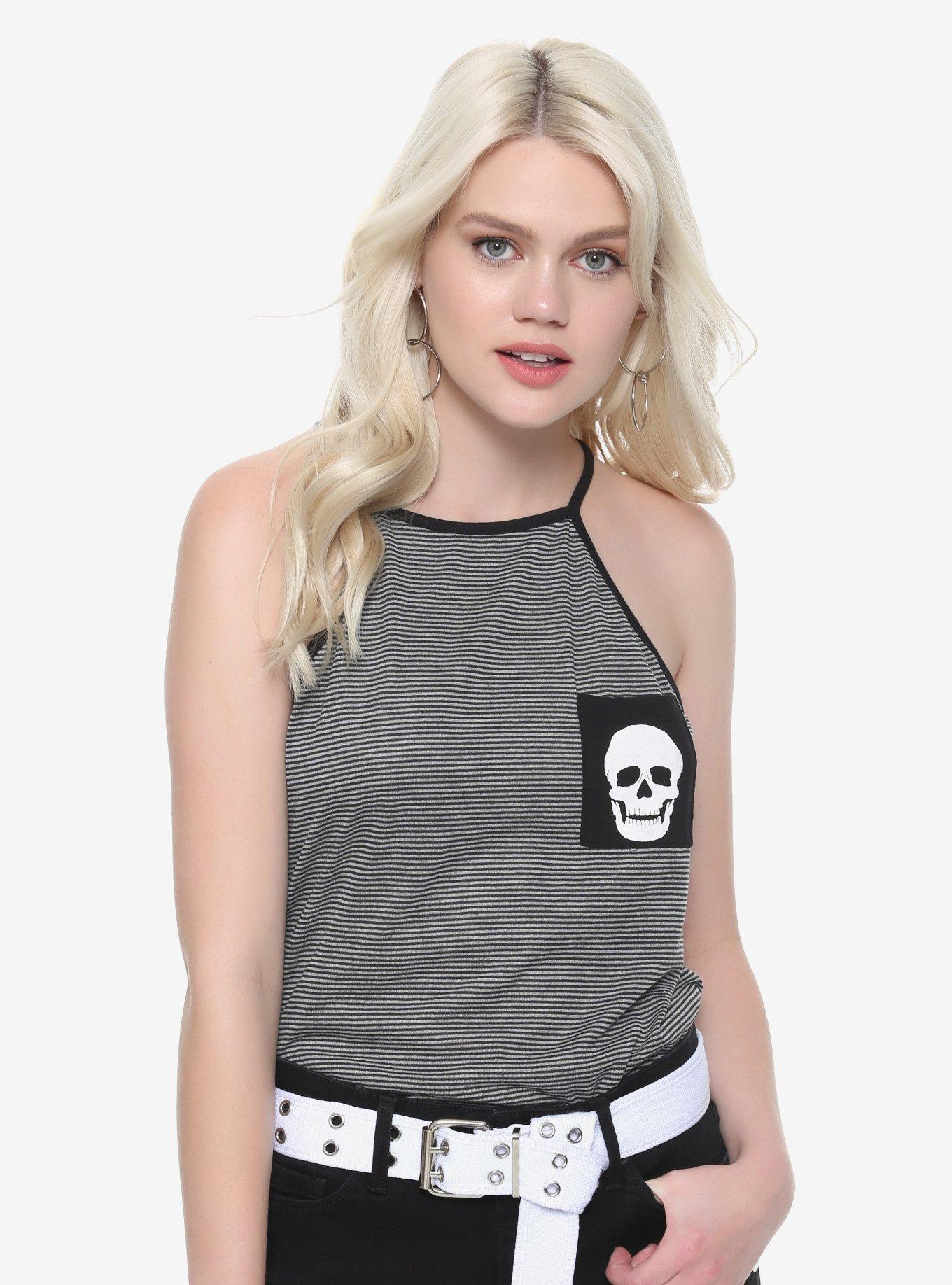 Black & White Striped Skull Pocket Tank Top | Hot Topic