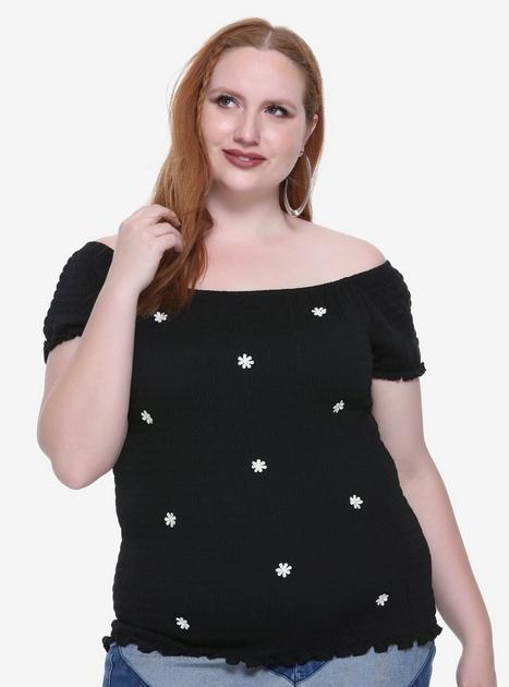 Black Daisy Smocked Off-The-Shoulder Girls Top Plus Size | Hot Topic