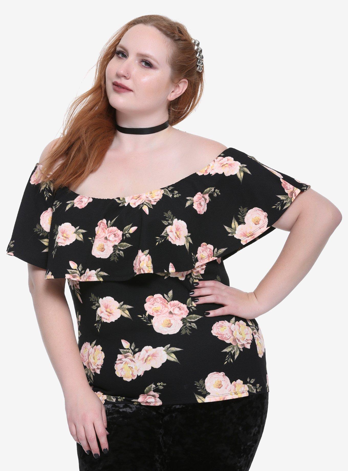 Black Floral Ruffle Off-The-Shoulder Girls Top Plus Size | Hot Topic