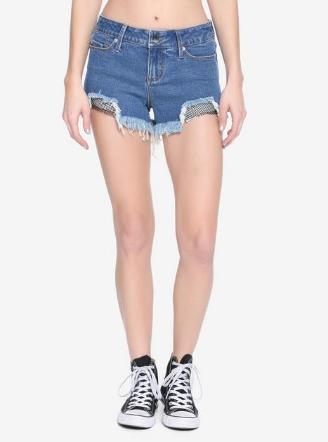 Blackheart Indigo Fishnet Inset Shorts | Hot Topic