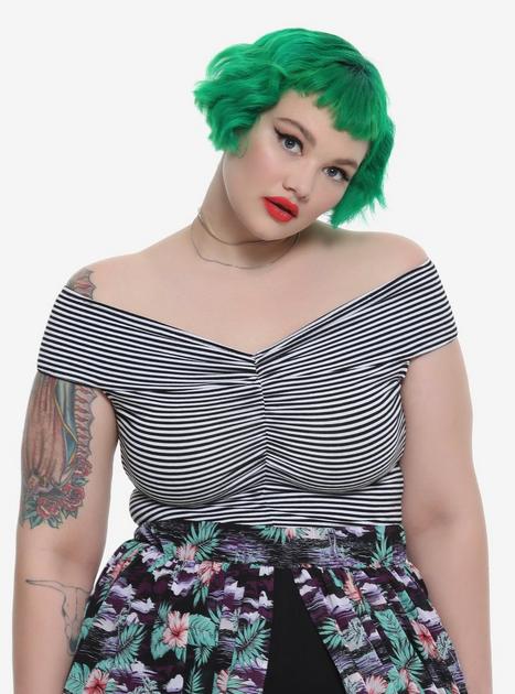 Black & White Striped Cinch Front Girls Off-The-Shoulder Top Plus Size ...