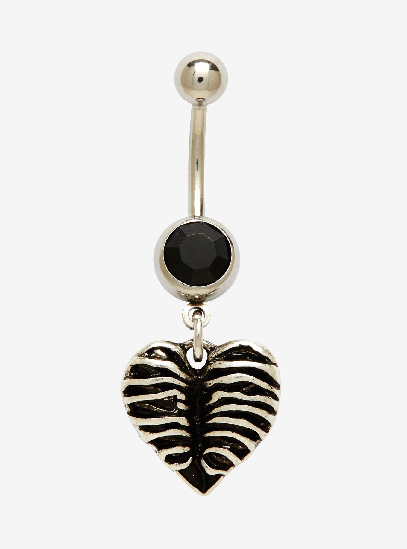 14G Steel Black CZ Heart Rib Cage Drop Navel Barbell | Hot Topic