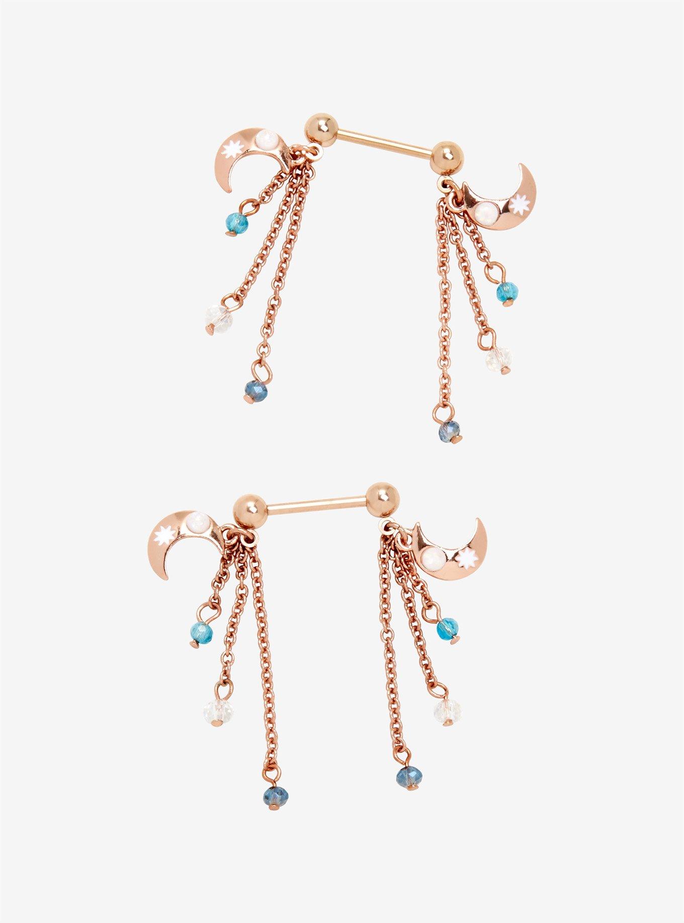 Steel Rose Gold Crescent Moon Chain Drop Nipple Barbells Hot Topic