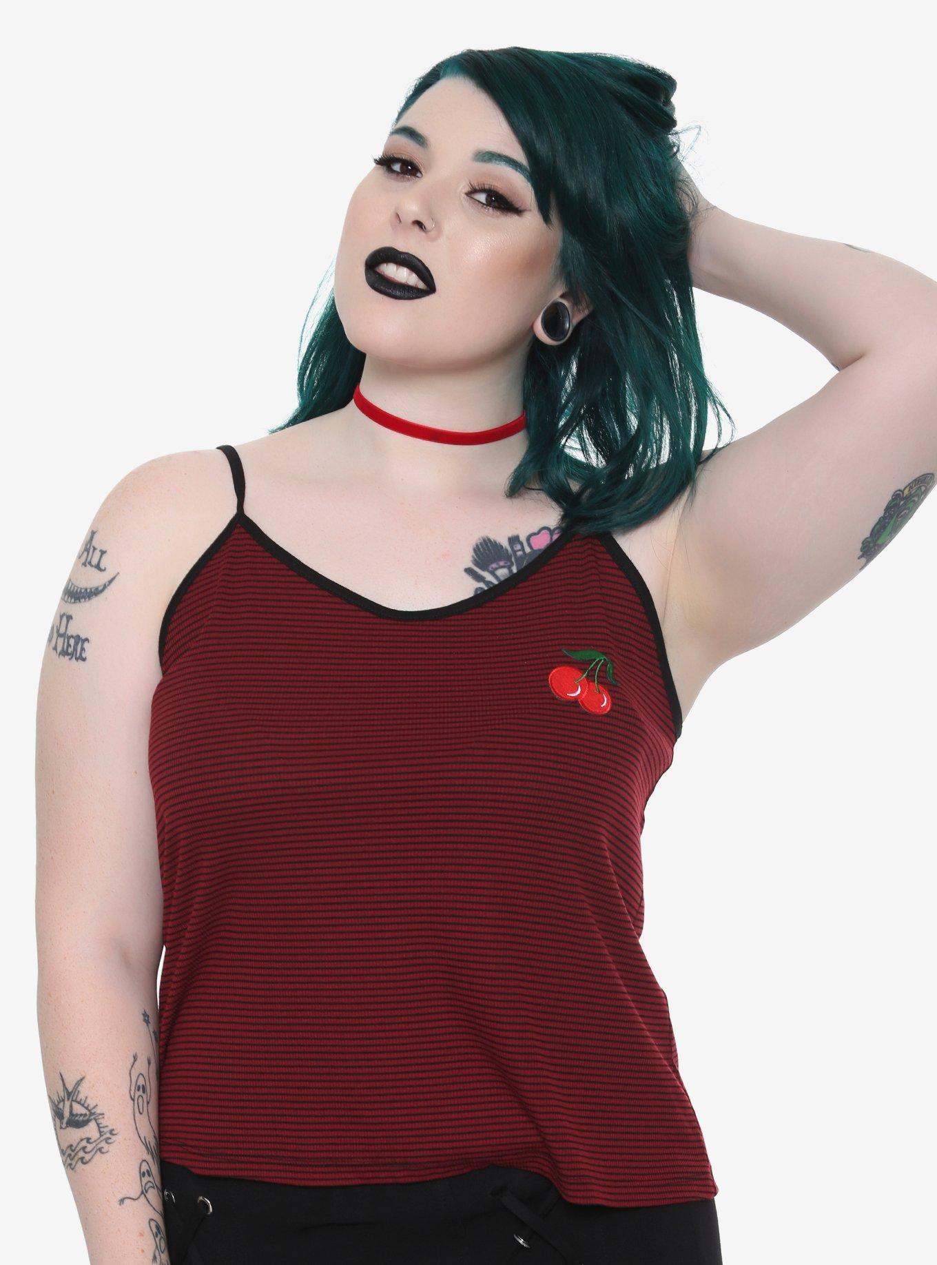 Black & Burgundy Striped Cherry Tank Top Plus Size | Hot Topic