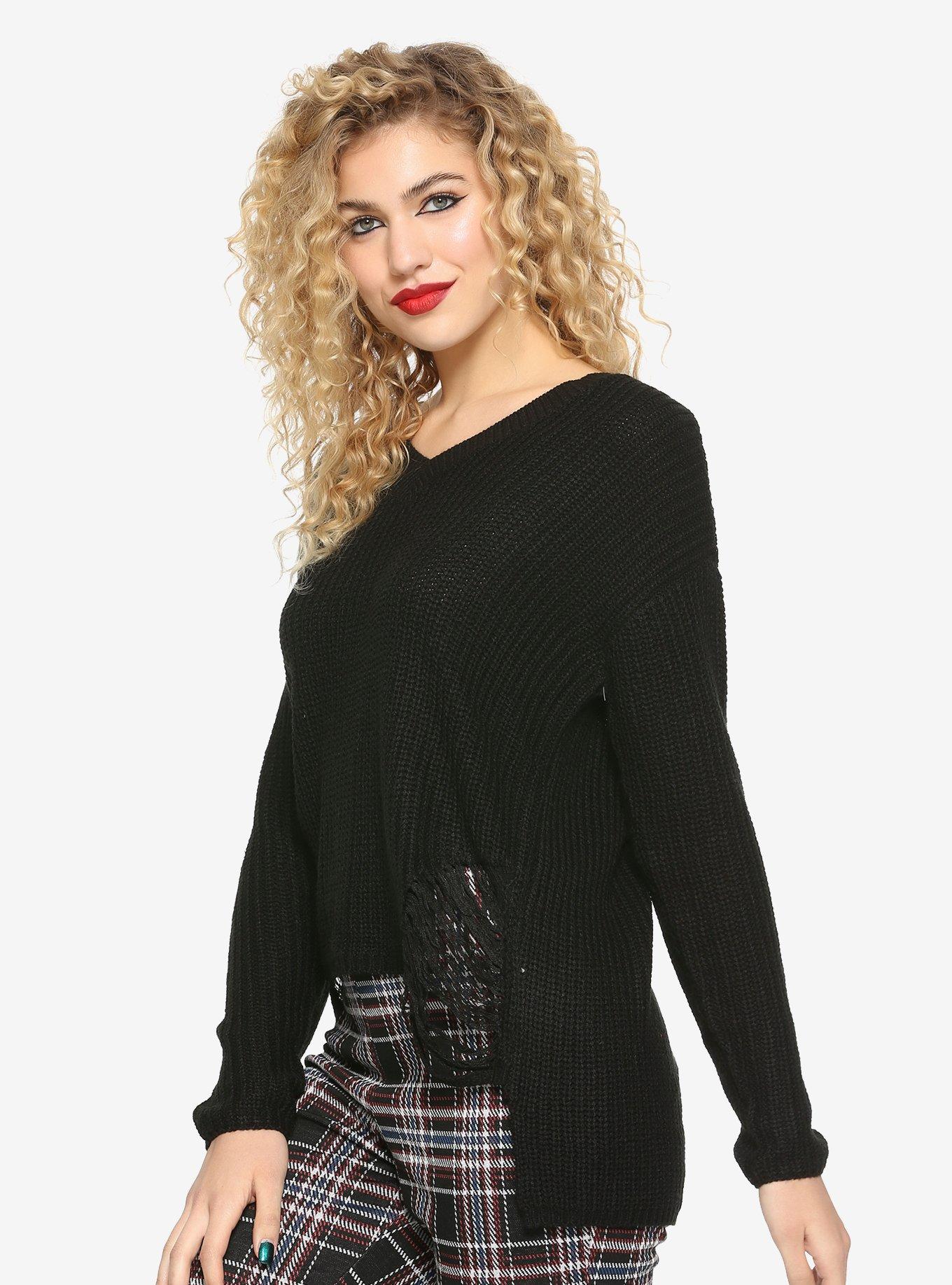 Black Deconstructed V-Neck Girls Sweater | Hot Topic