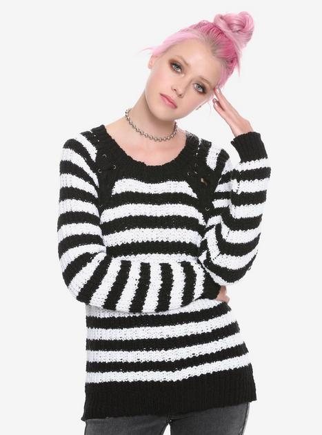 Black & White Striped Lace-Up Girls Sweater | Hot Topic
