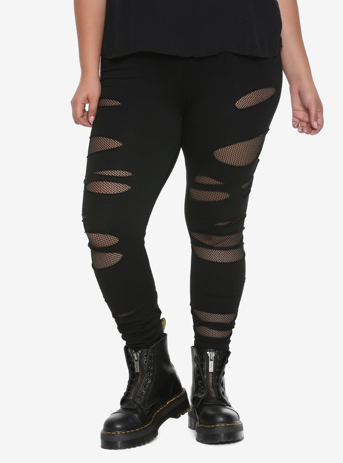 Black Shredded Fishnet Leggings Plus Size | Hot Topic