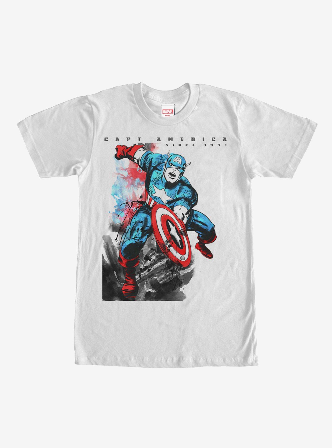 Marvel Captain America Watercolor Print T-Shirt - WHITE | Hot Topic