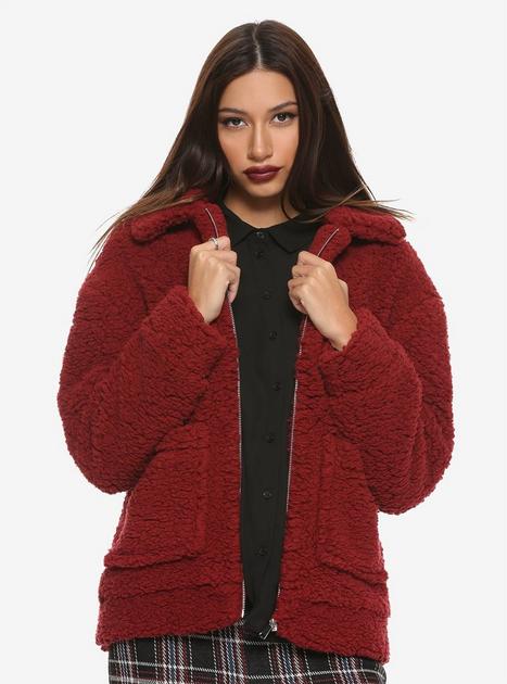 Burgundy Fuzzy Plush Girls Zip Jacket | Hot Topic