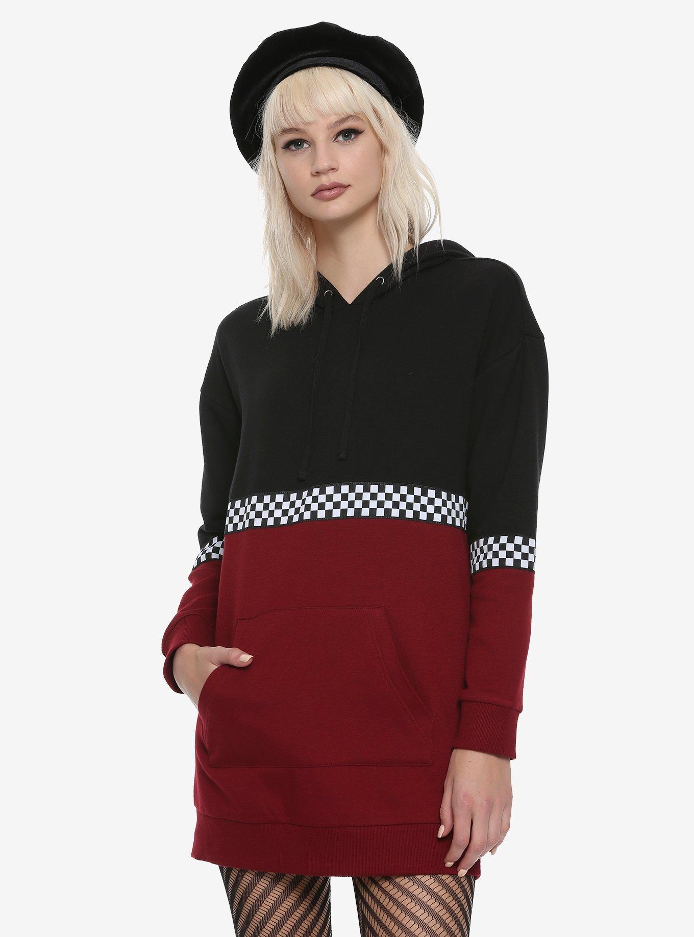 Black & Red Colorblock Checkered Girls Long Hoodie | Hot Topic