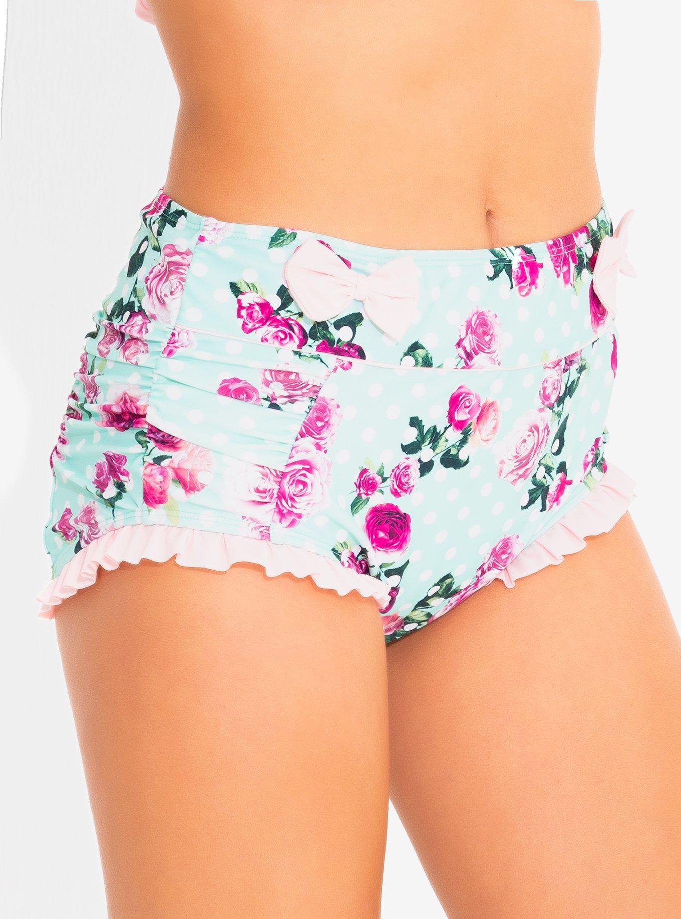 Mint Floral & Polka Dot Swim Bottoms | Hot Topic