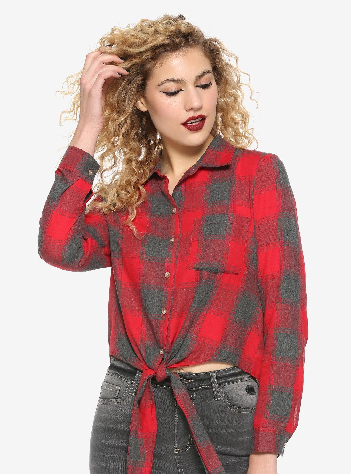 Red And Grey Plaid Tie Front Girls Woven Button Up Hot Topic