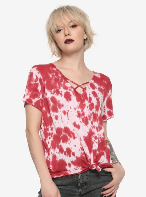 Red Bleach Wash V-Neck Tie-Front Girls T-Shirt | Hot Topic
