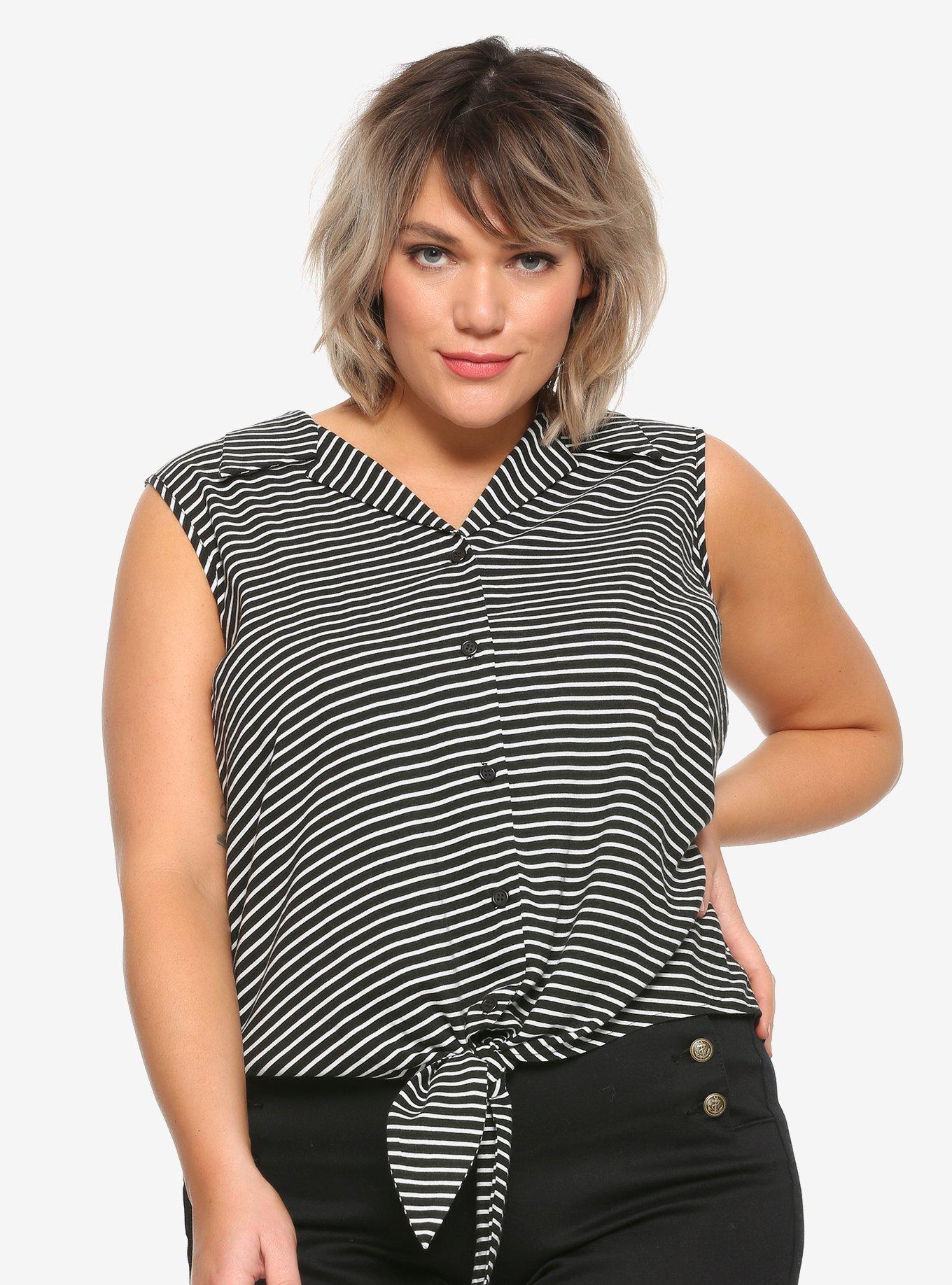 Black & White Stripe Tie-Front Girls Button-Up Plus Size | Hot Topic