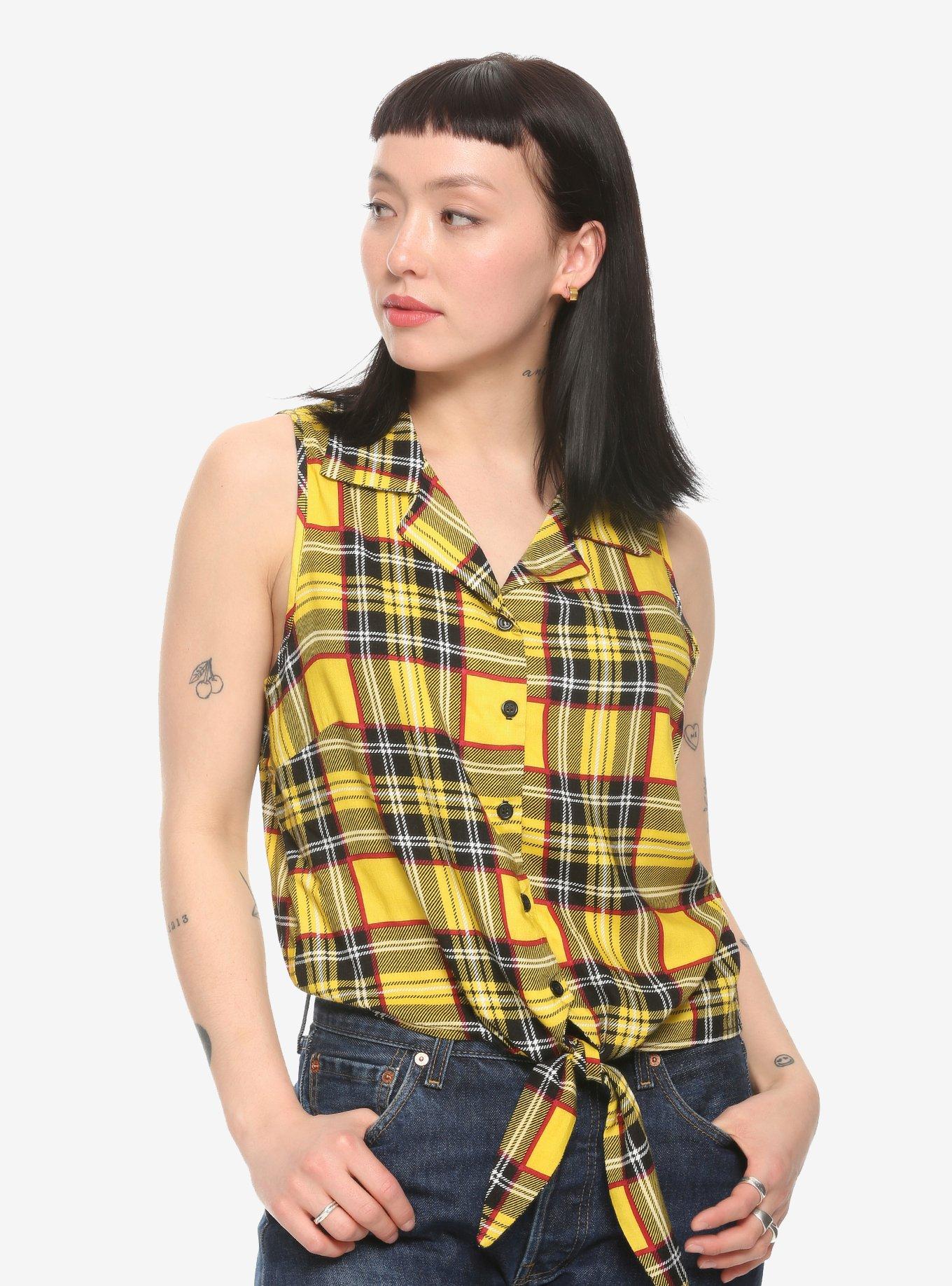 Yellow Plaid Tie-Front Girls Woven Button-Up | Hot Topic