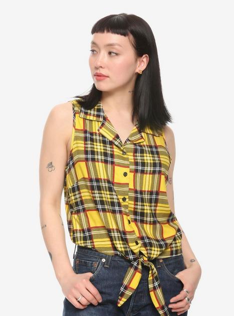 Yellow Plaid Tie Front Girls Woven Button Up Hot Topic